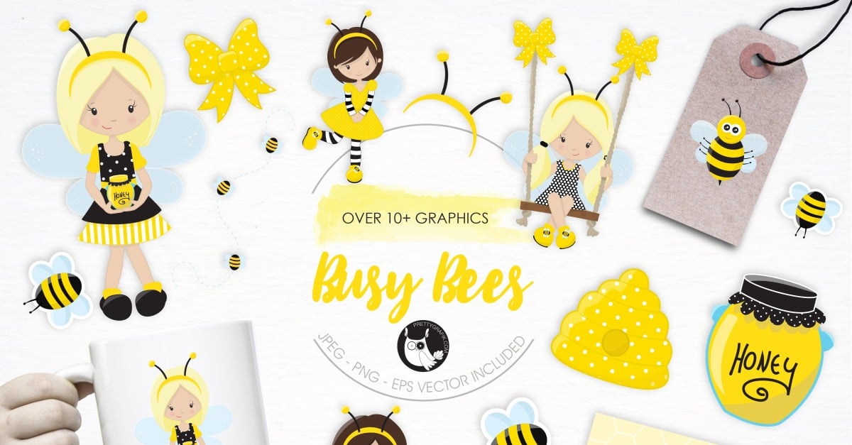 Busy Bees illustration pack - Vector Image - TemplateMonster