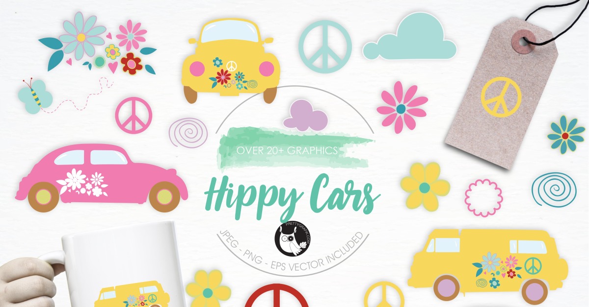 Hippy Cars illustration pack - Vector Image - TemplateMonster