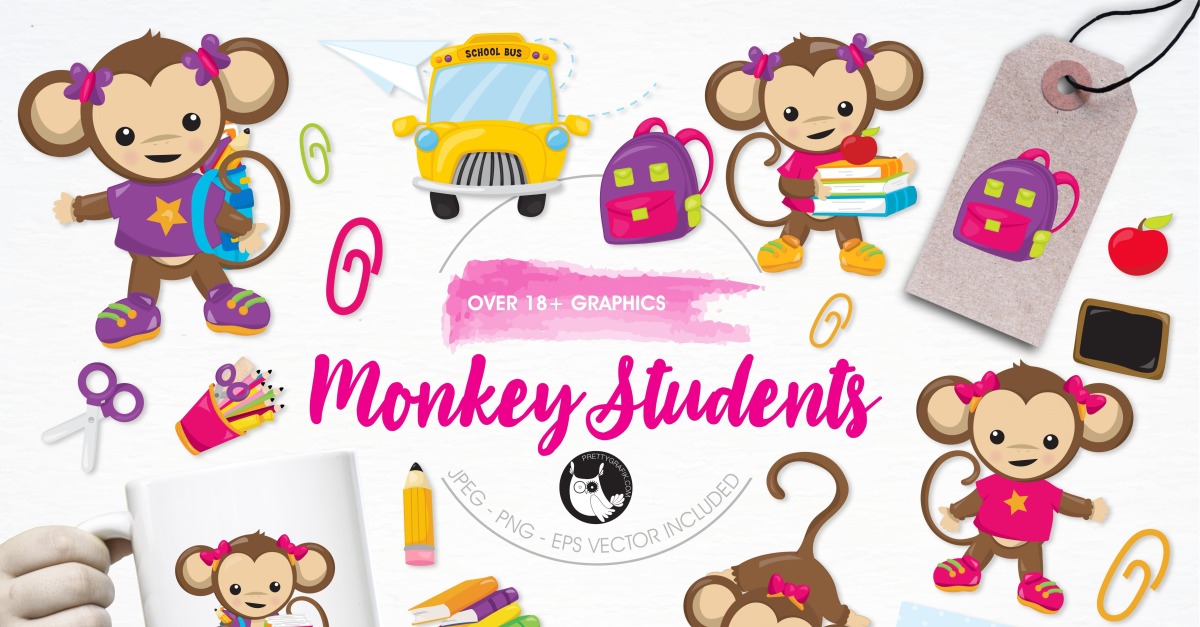 Monkey students illustration pack - Vector Image