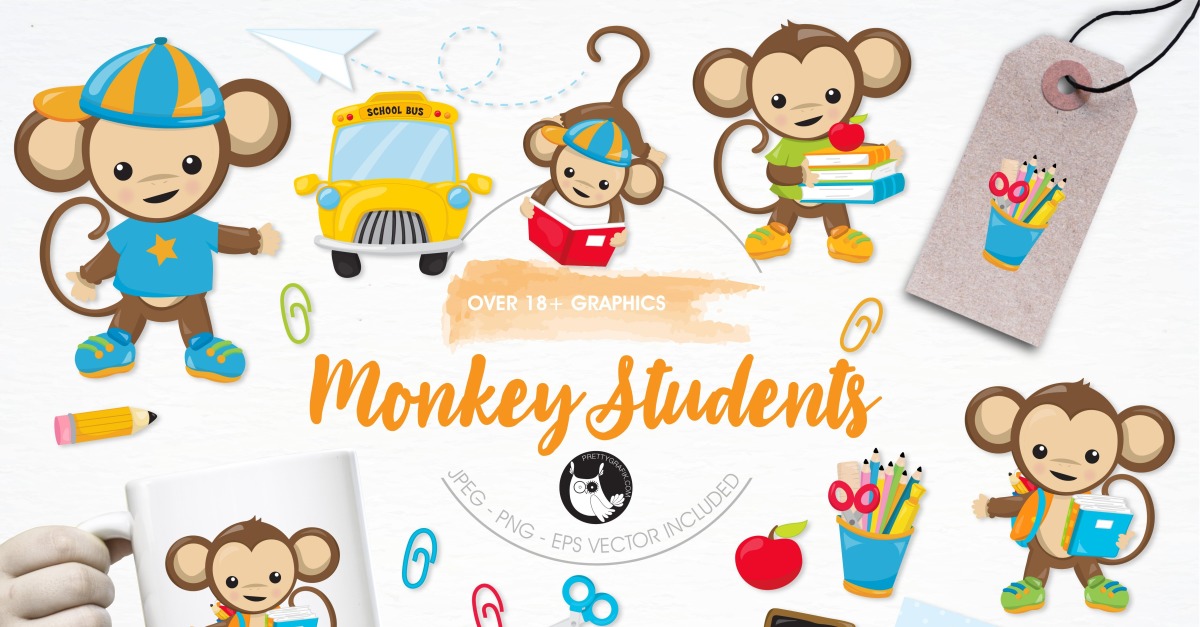 Monkey students illustration pack - Vector Image