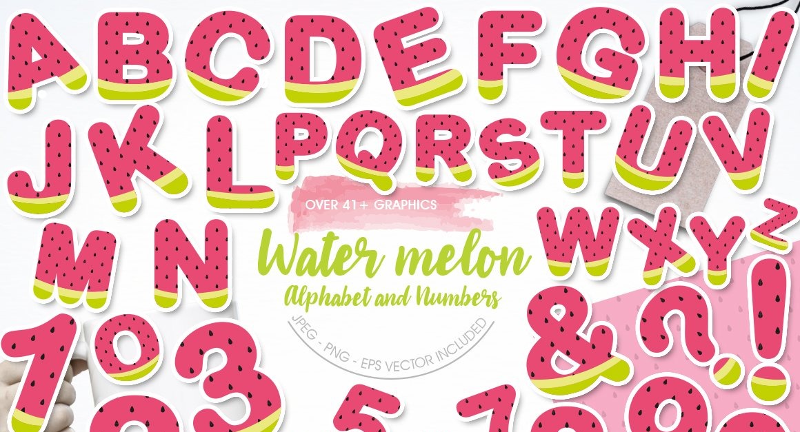 Watermelon Alphabet and Numbers - Vector Image