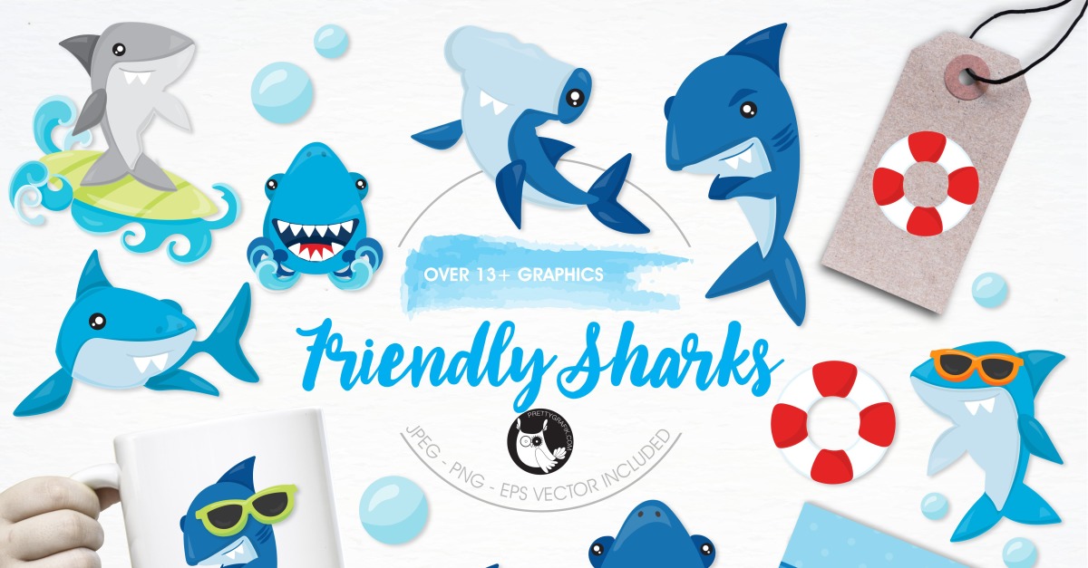 Friendly sharks illustration pack - Vector Image
