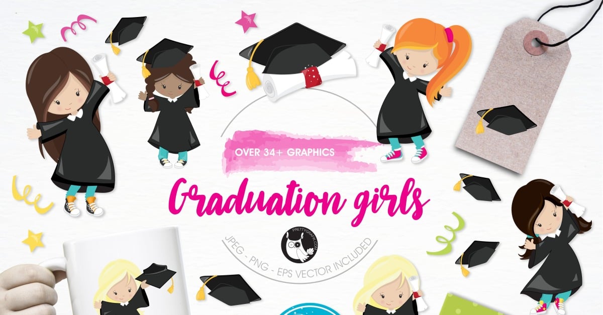 Graduation girls illustration pack - Vector Image
