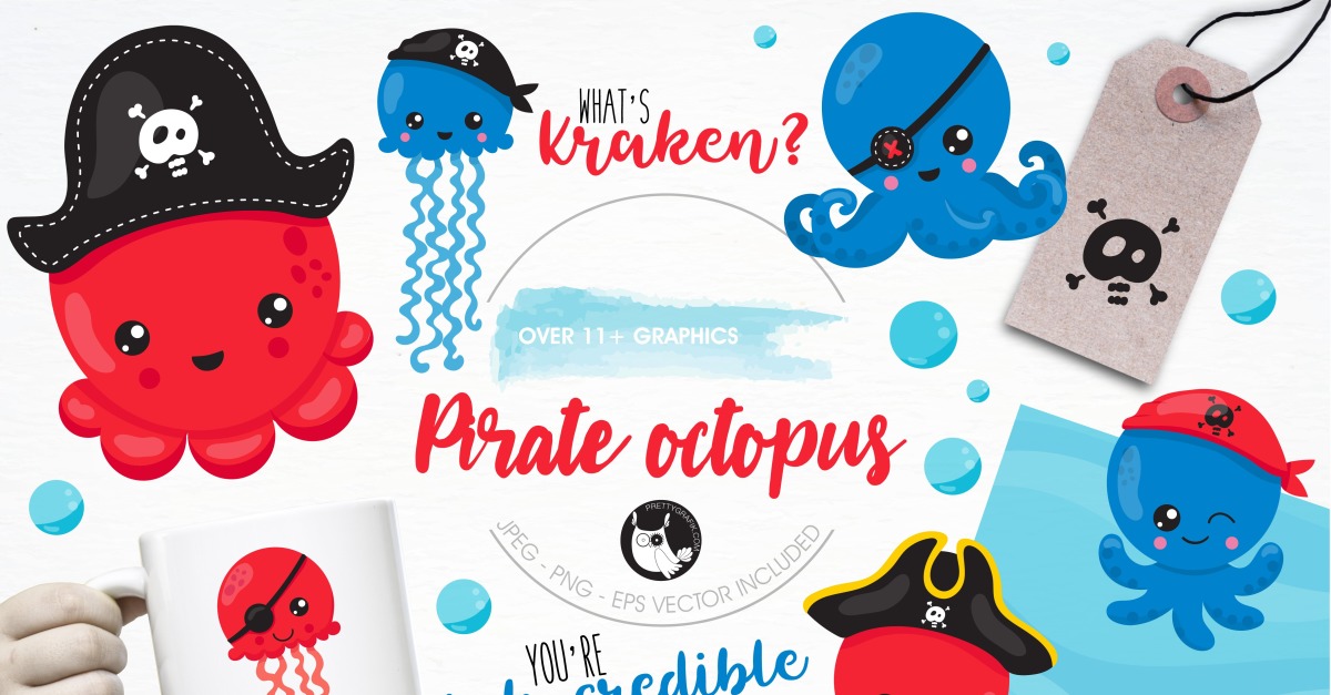 Pirate octopus illustration pack - Vector Image
