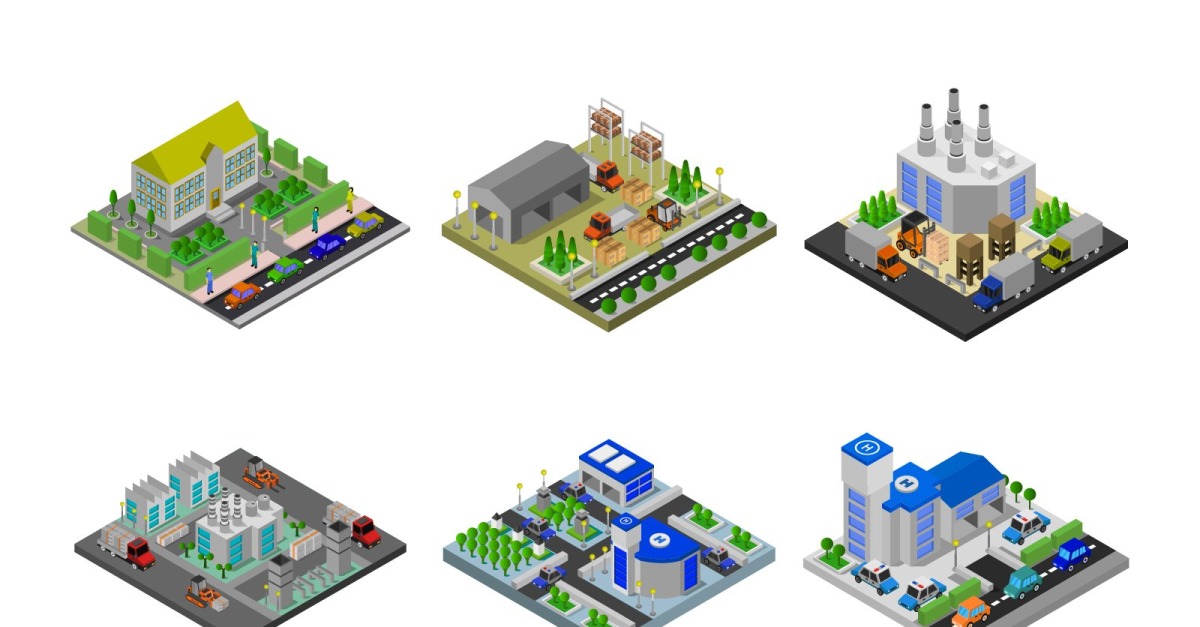 Isometric Buildings Set - Vector Image - TemplateMonster