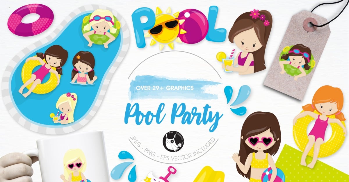 Pool party illustration pack - Vector Image - TemplateMonster