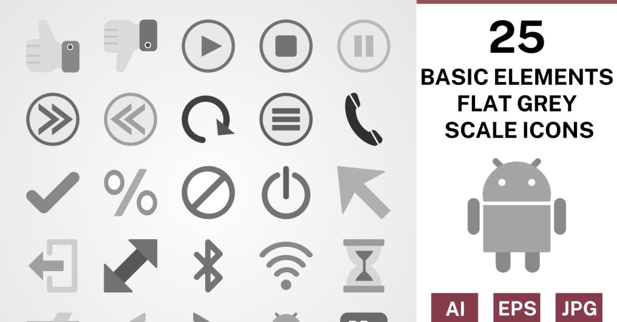 25 Basic Elements Flat Greyscale Icon Set - TemplateMonster