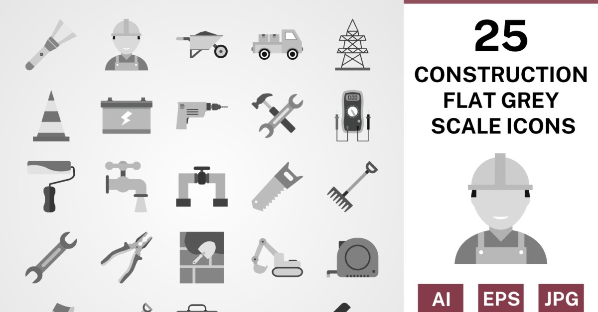 25 Construction Flat Greyscale Icon Set - TemplateMonster