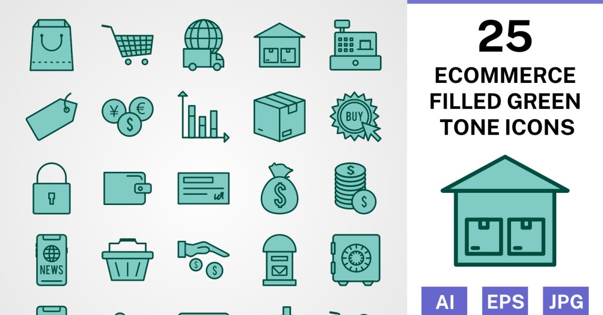 25 Ecommerce Filled Green Tone Icon Set - TemplateMonster