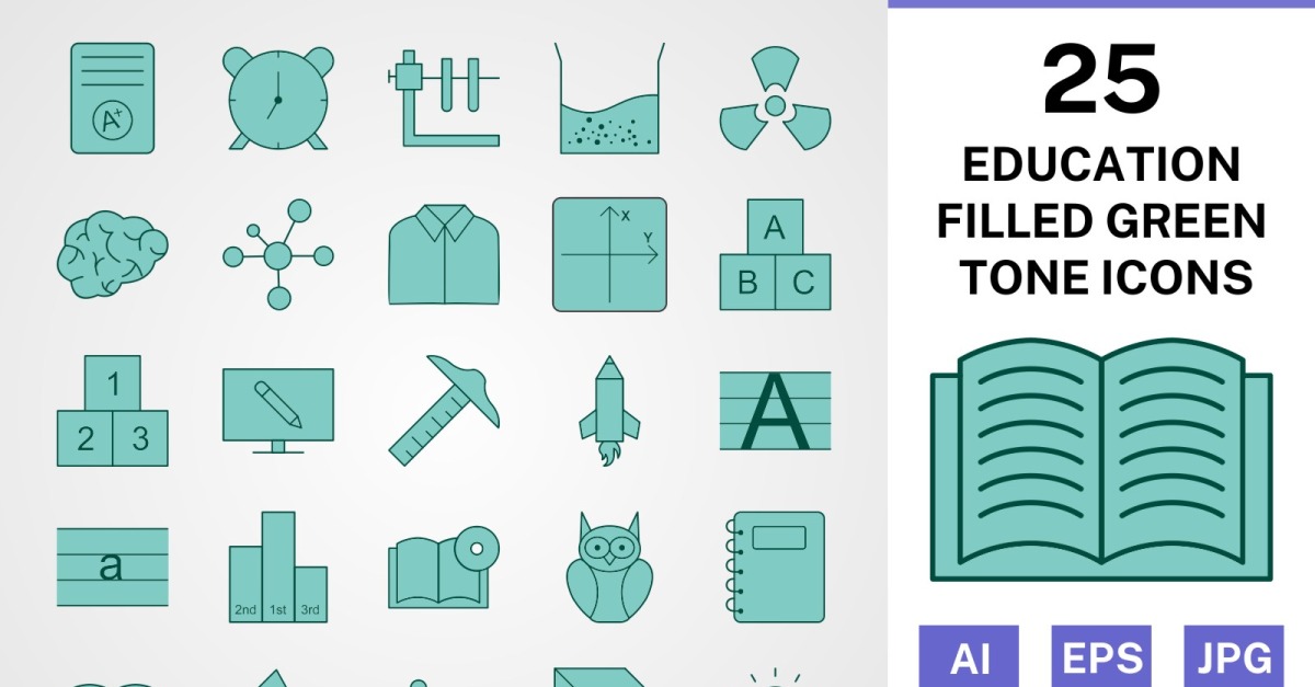 25 Education Filled Green Tone Icon Set - TemplateMonster