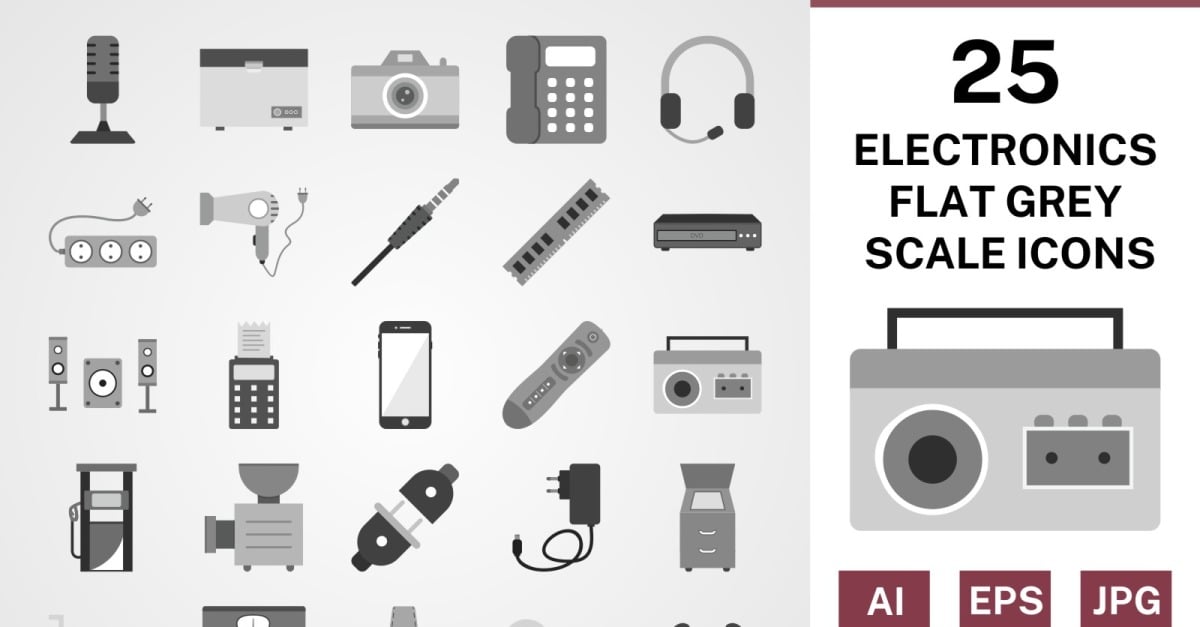 25 Electronic Devices Flat Greyscale Icon Set