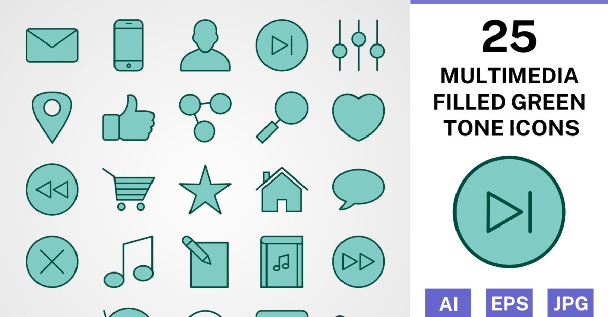 25 Multimedia Filled Green Tone Icon Set - TemplateMonster