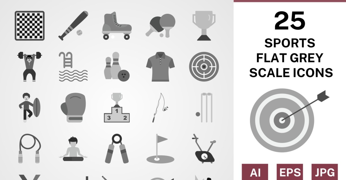 25 Sports And Games Flat Greyscale Icon Set - TemplateMonster
