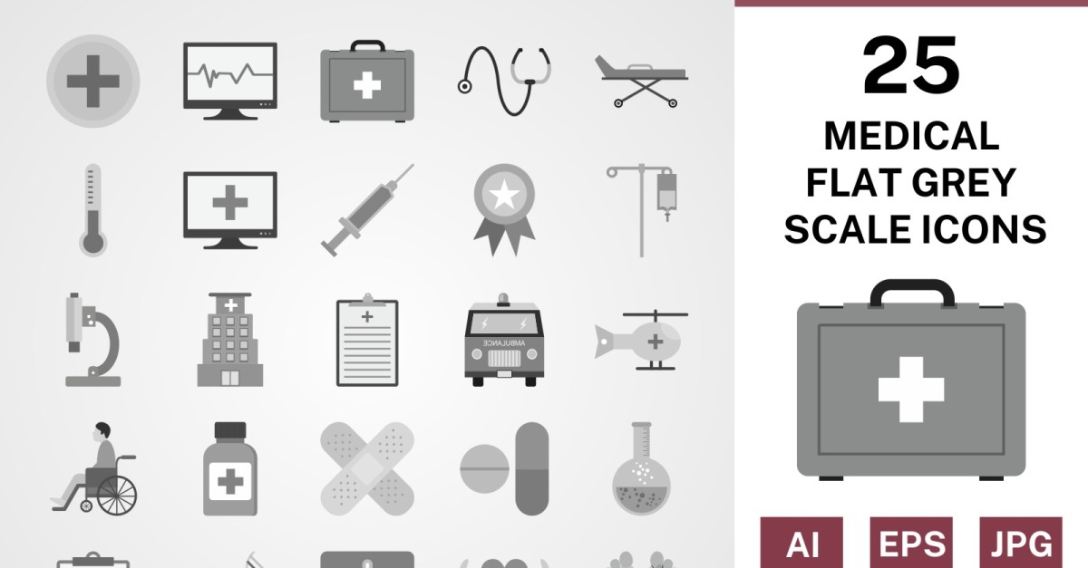 25 Medical Flat Greyscale Icon Set #121810 - TemplateMonster