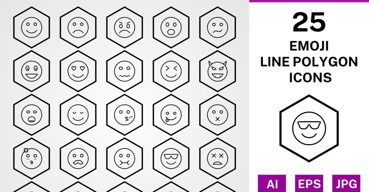 25 Emoji Line Polygon Icon Set #121974 - TemplateMonster