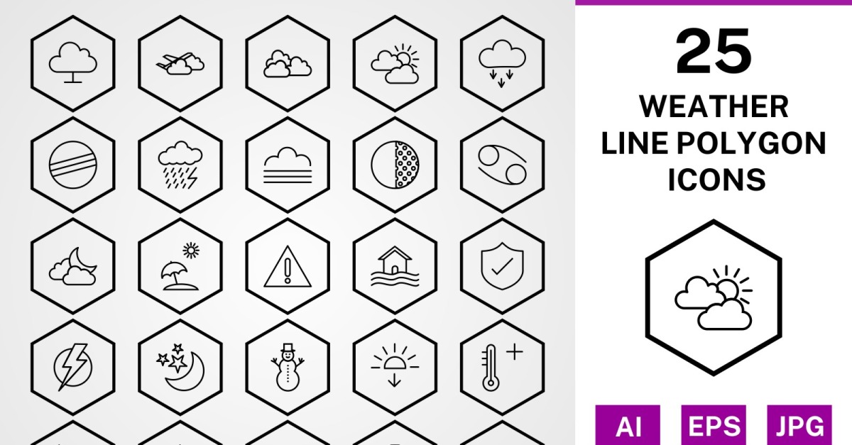 25 Weather Line Polygon Icon Set #122001 - TemplateMonster