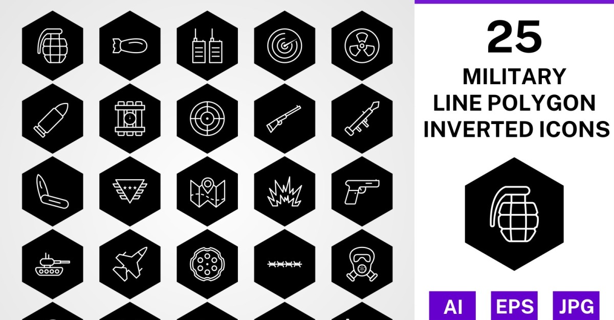 25 Military Line Polygon Inverted Icon Set - TemplateMonster