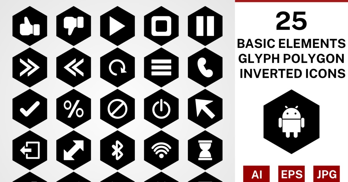 25 Basic Elements Glyph Polygon Inverted Icon Set