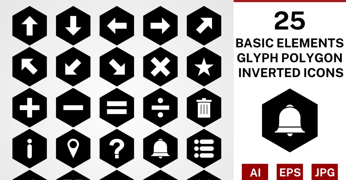25 Basic Elements Glyph Polygon Inverted Icon Set