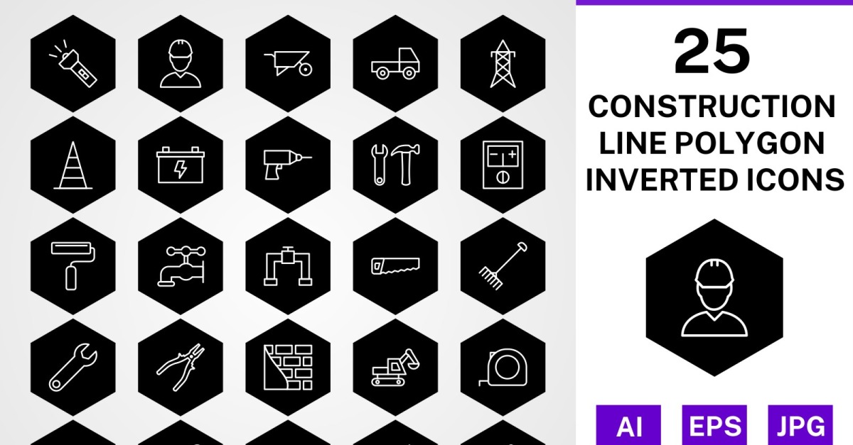 25 Construction Line Polygon Inverted Icon Set