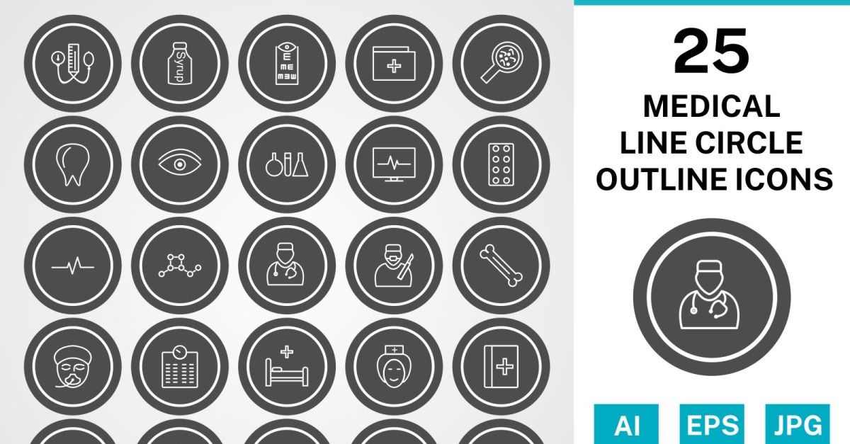 25 Medical Line Circle Outline Icon Set - TemplateMonster