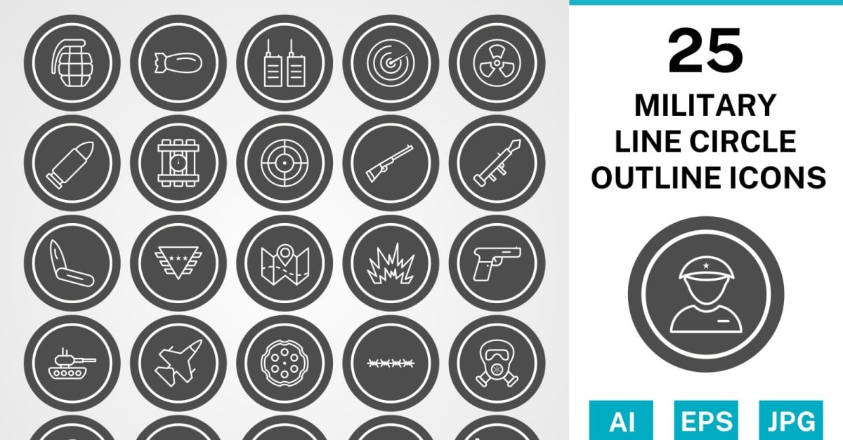 25 Military Line Circle Outline Icon Set - TemplateMonster