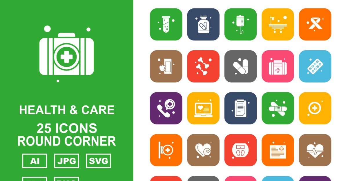 25 Premium Health And Care Round Corner Pack Icon Set