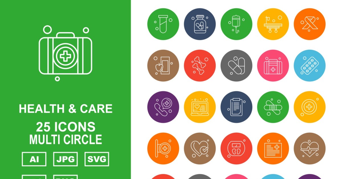 25 Premium Health And Care Multi Circle Pack Icon Set