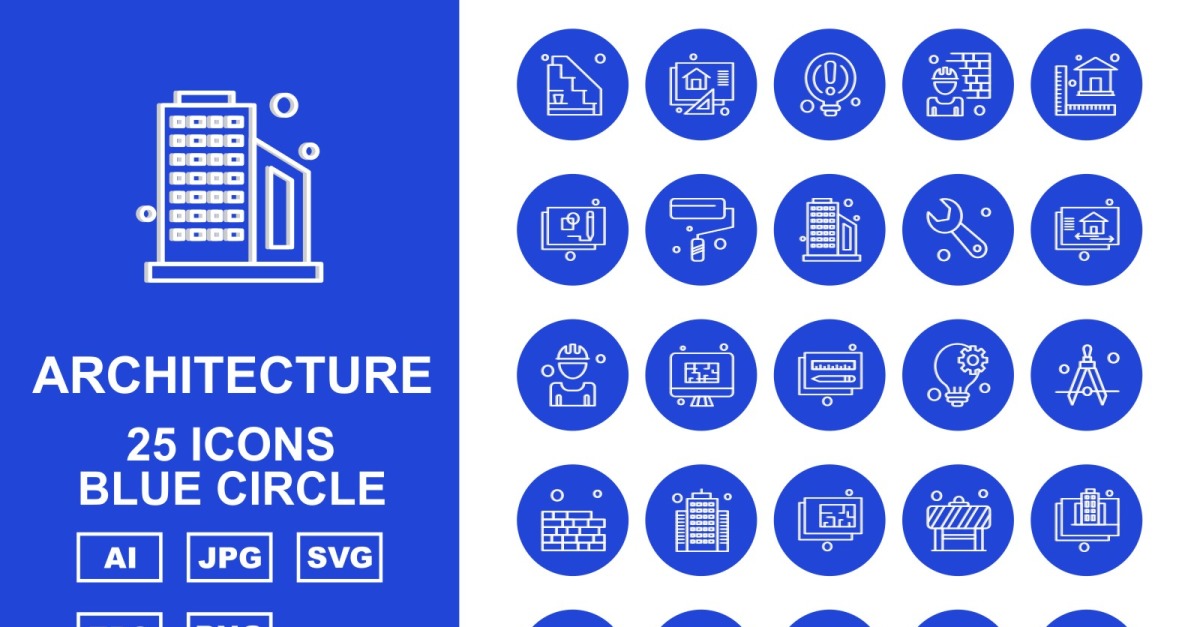 25 Premium Architecture Blue Circle Pack Icon Set