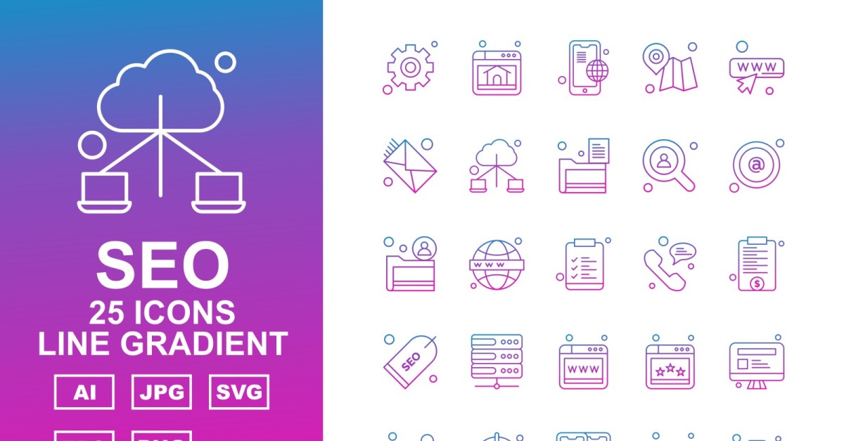 25 Premium SEO Line Gradient Icon Pack Set - TemplateMonster