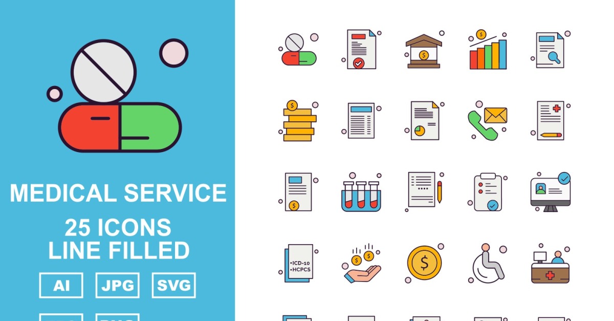 25 Premium Medical Service Line Filled Icon Pack Set