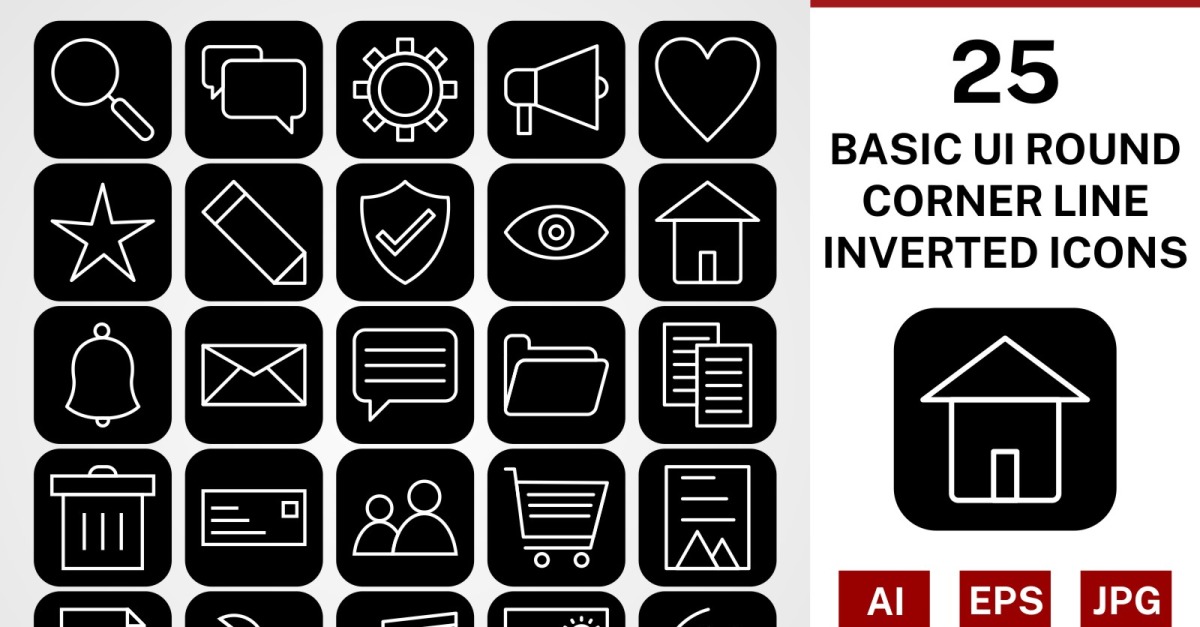 25 Basic ui Round Corner Line Inverted Icon Set
