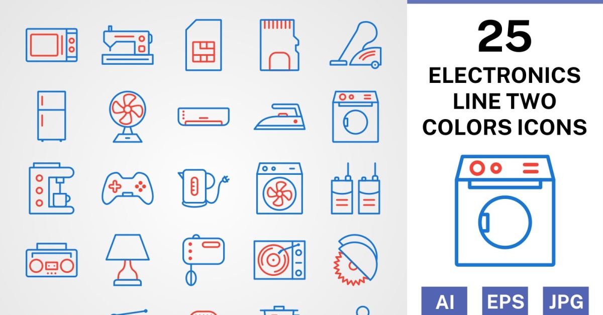 25 dispositivos electrónicos línea dos colores conjunto de iconos