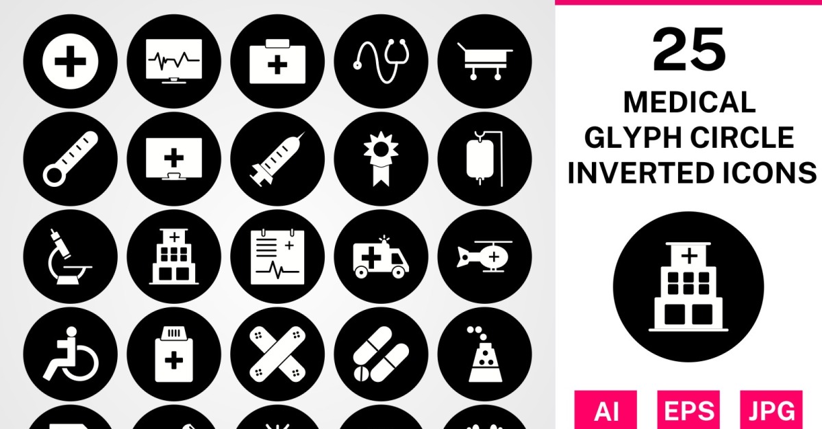 25 Medical Glyph Circle Inverted Icon Set - TemplateMonster