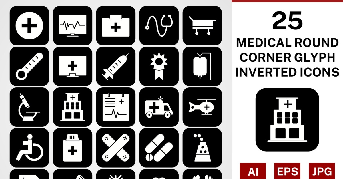 25 Medical Round Corner Glyph Inverted Icon Set