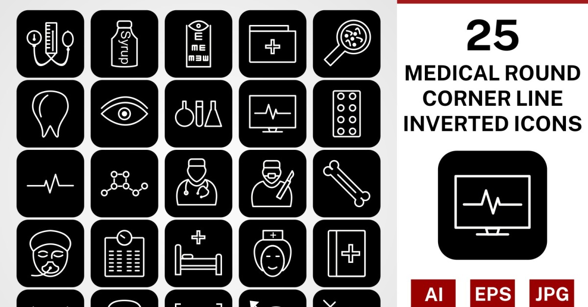 25 Medical Round Corner Line Inverted Icon Set