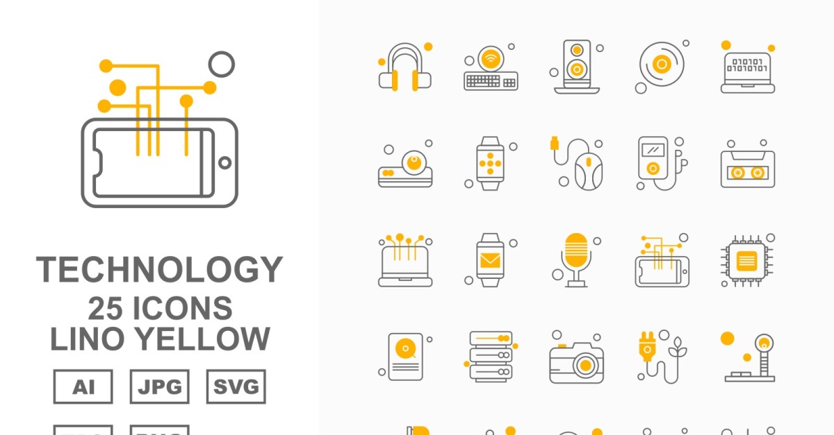 25 Conjunto de iconos amarillo Lino de tecnología premium