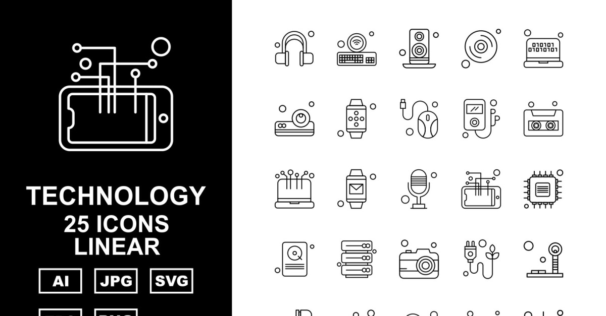 25 Premium Technology Linear Icon Set - TemplateMonster