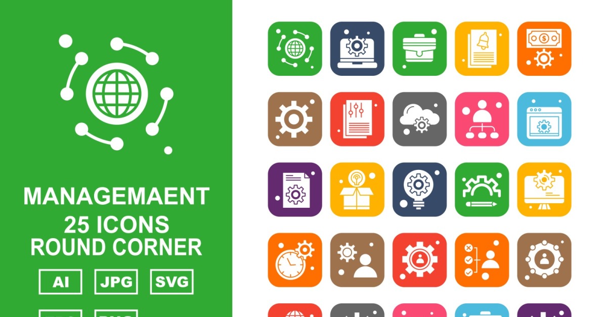 25 Premium Management Round Corner Icon Set - TemplateMonster