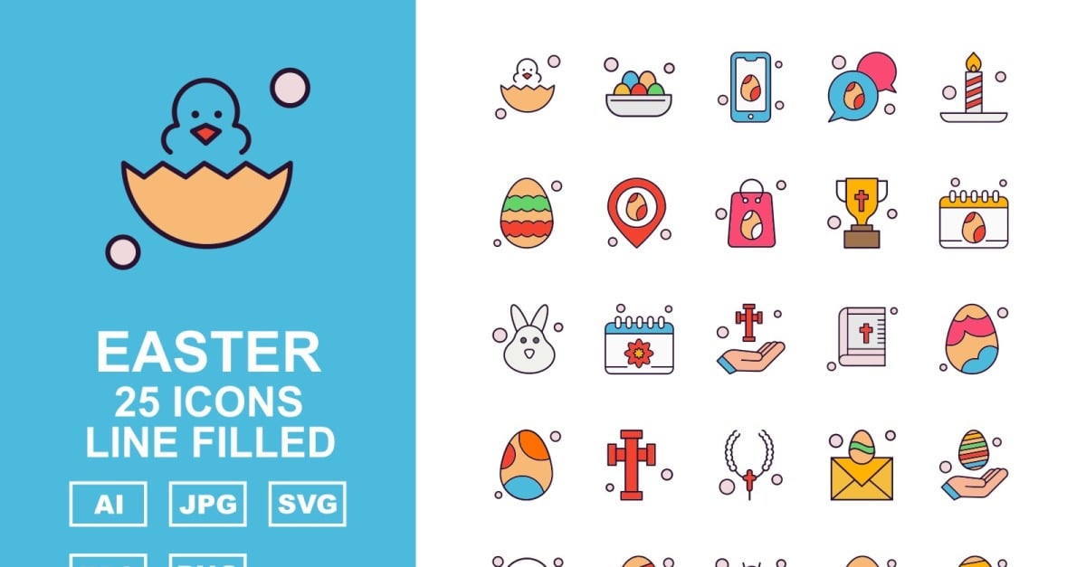 25 Premium Easter Line Filled Icon Set - TemplateMonster