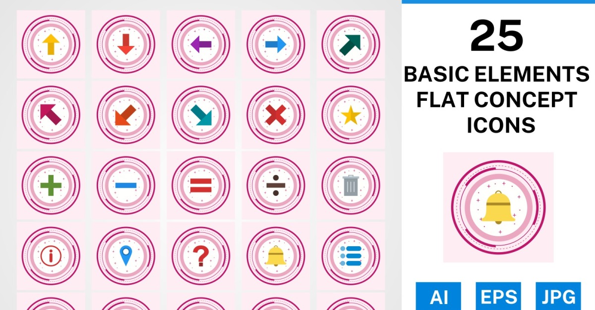 25 Basic Elements Flat Concept Icon Set - TemplateMonster