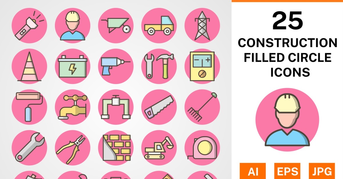 25 Construction Filled Circle Icon Set - TemplateMonster