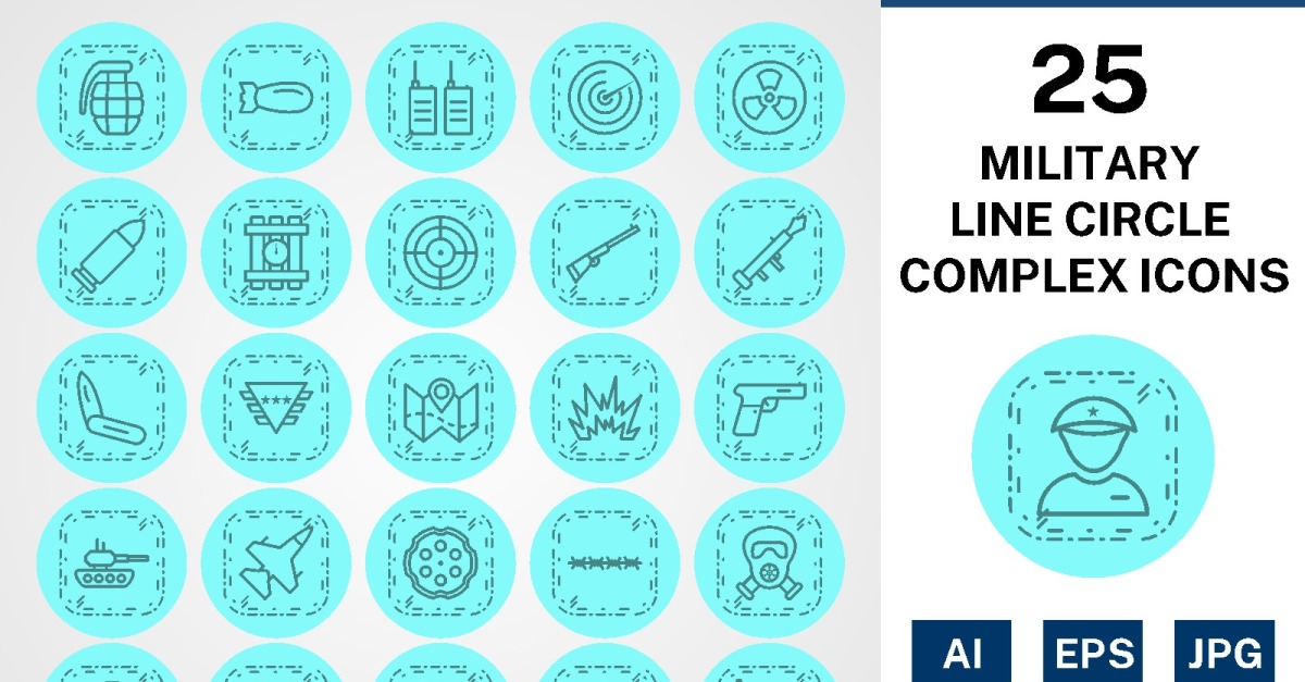 25 Military Line Circle Complex Icon Set - TemplateMonster