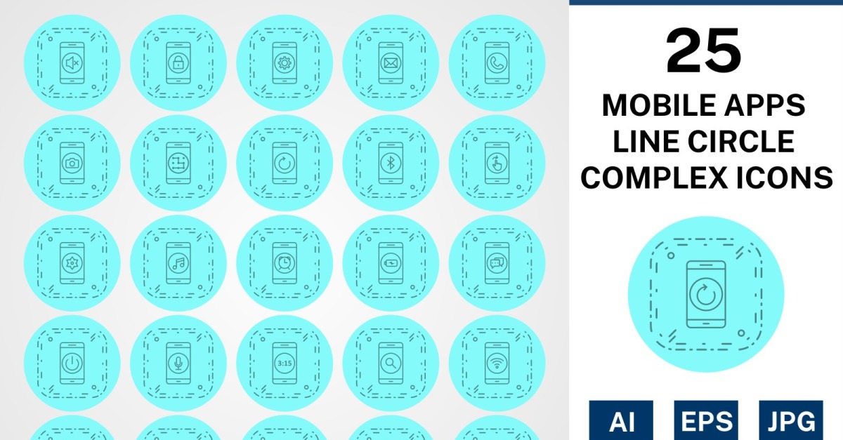 25 Mobile Apps Line Circle Complex Icon Set - TemplateMonster