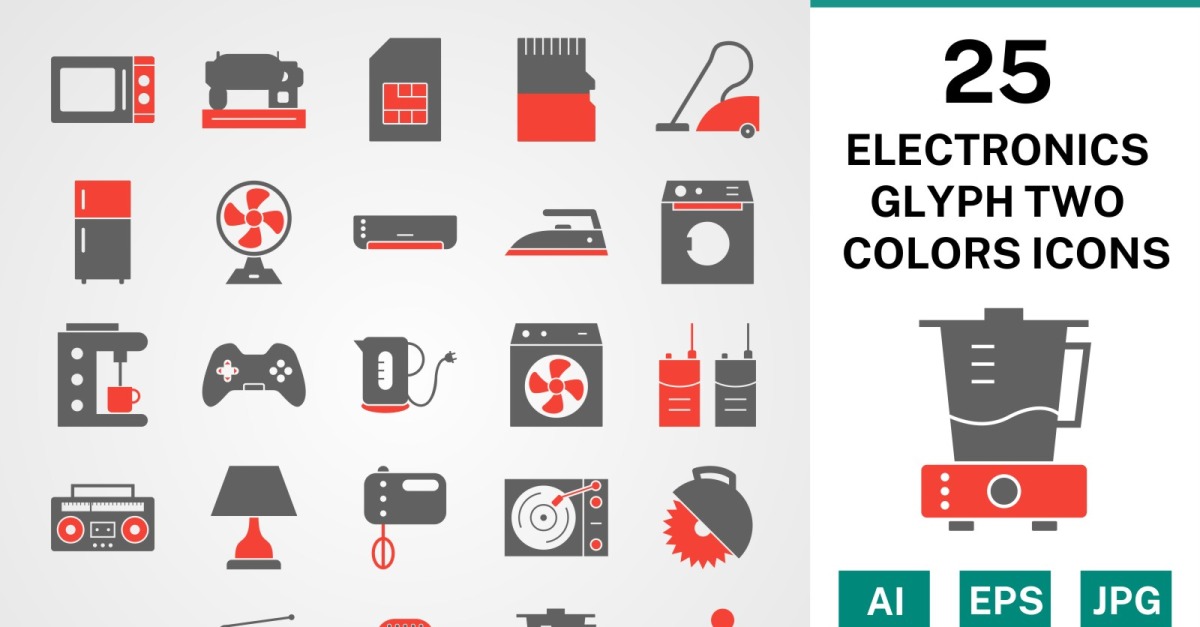 Conjunto de iconos de dos colores de glifo de 25 dispositivos electrónicos