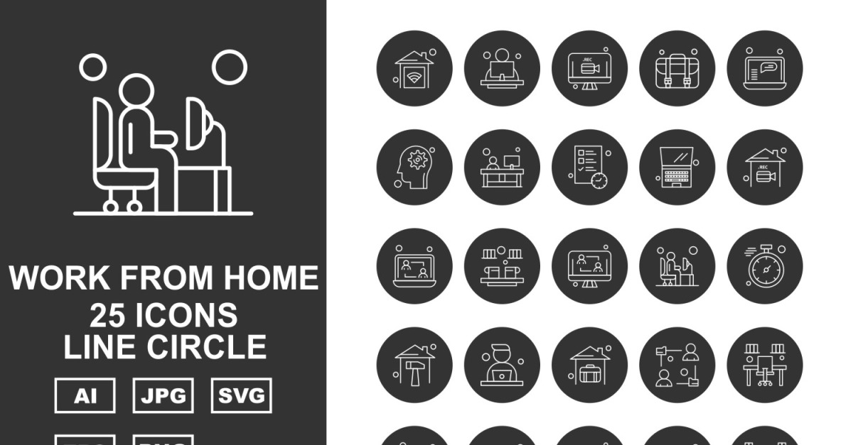 25 Premium Work From Home Line Circle Icon Pack Set