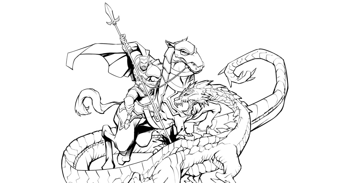 Saint George Slaying the Dragon Line Art - Illustration