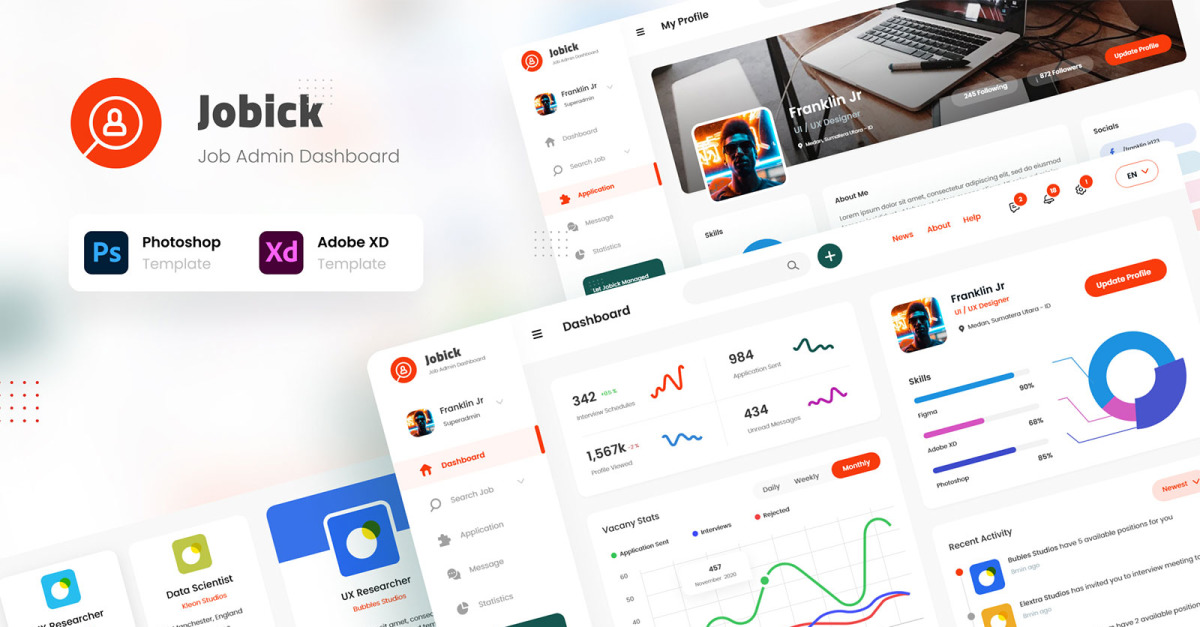 Jobick - Job Portal Admin Dashboard Adobe XD and PSD Template UI Elements
