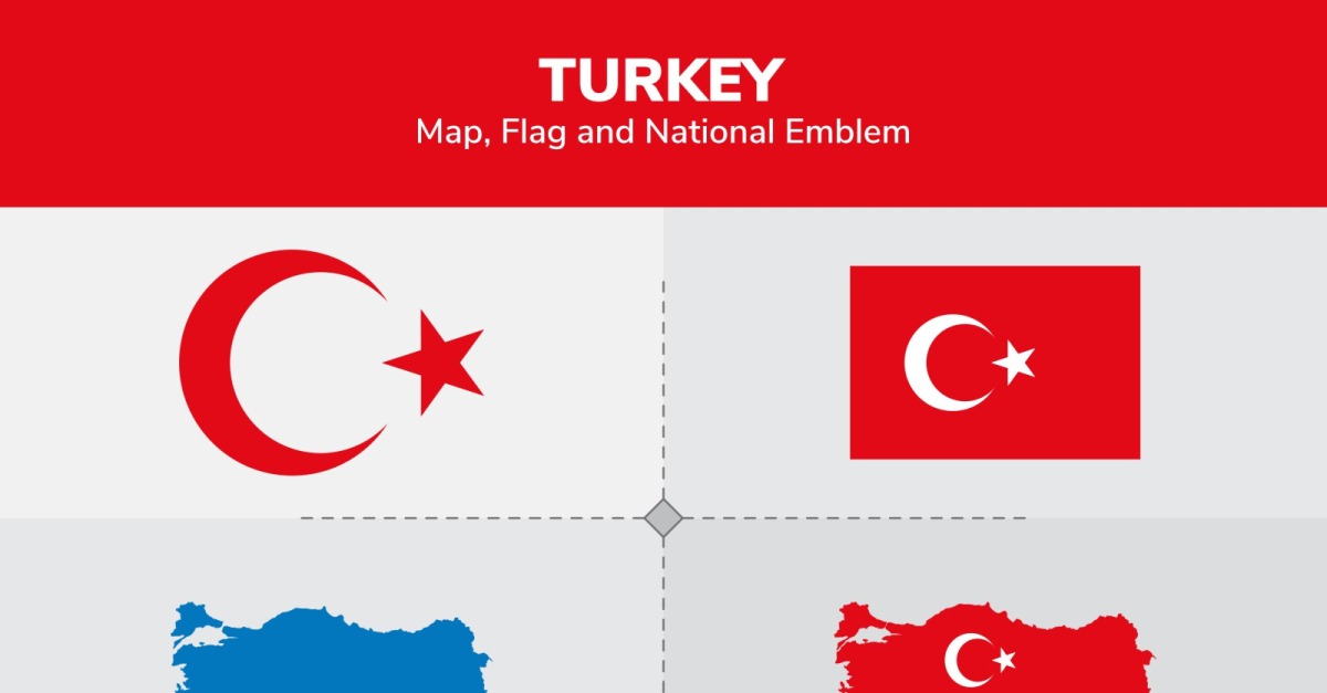 Turkey Map, Flag and National Emblem - Illustration