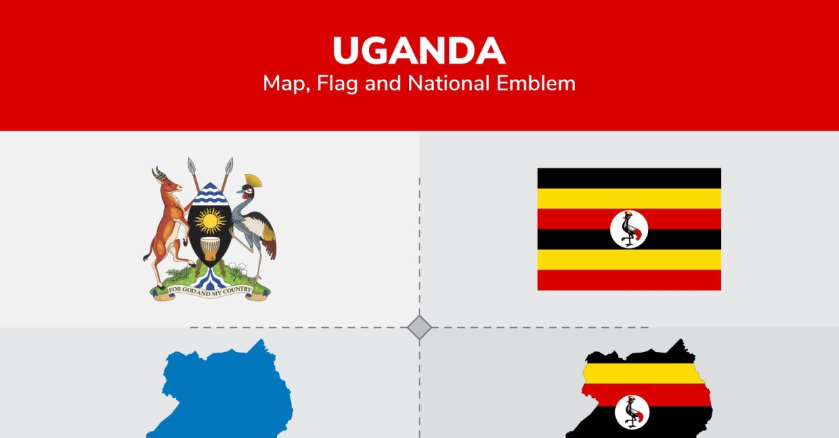 Uganda Map, Flag and National Emblem - Illustration